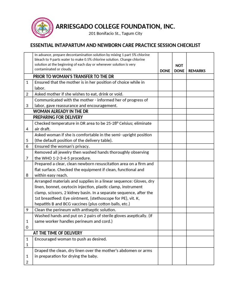 Essential Newborn Care Checklist | PDF | Childbirth | Breastfeeding