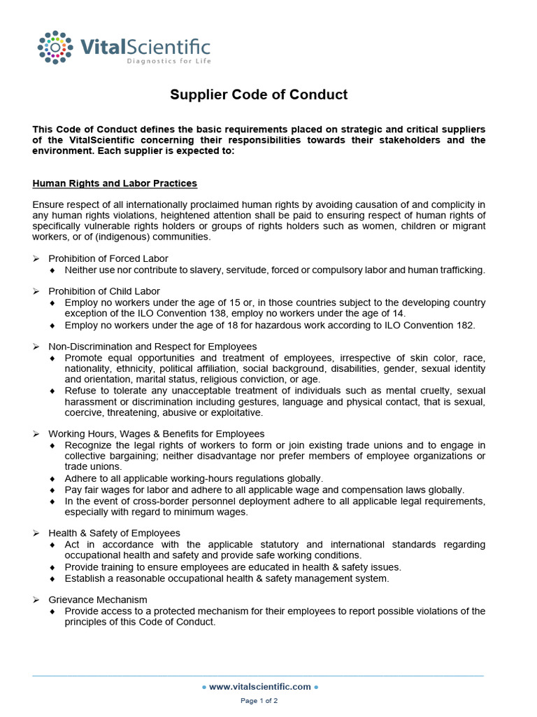 VitalScientific Supplier Code of Conduct | PDF | Employment ...