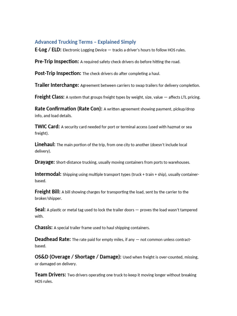 Trucking Terms Simplified Guide | PDF