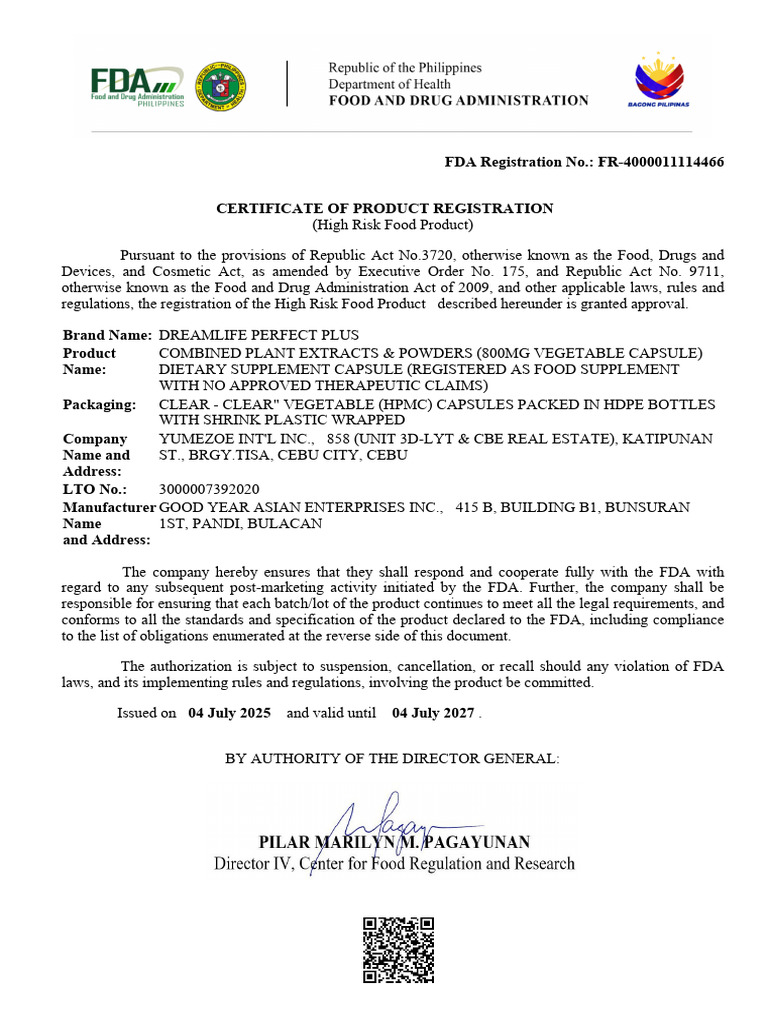 FDA Certificate for Dietary Supplement | PDF | Food And Drug ...