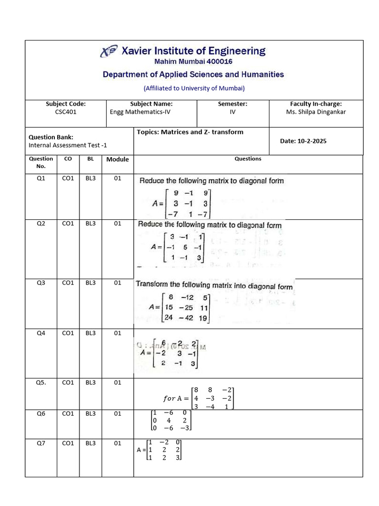 Question - Bank - IAT1 - Matrices and Z Transform | PDF | Matrix ...