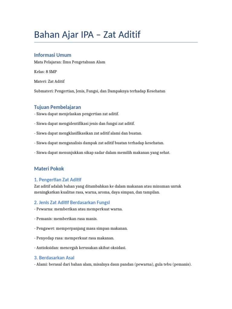 Bahan Ajar IPA Zat Aditif | PDF