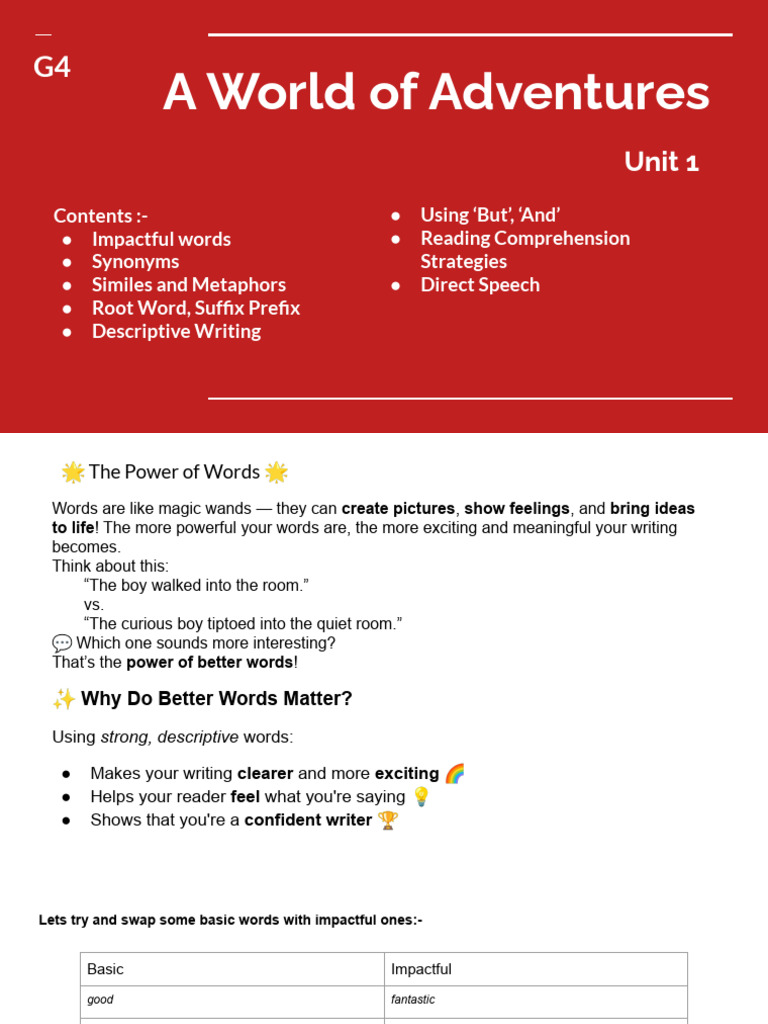 Grade 4 - Unit 1 - A World of Adventures-1 | PDF | Reading ...