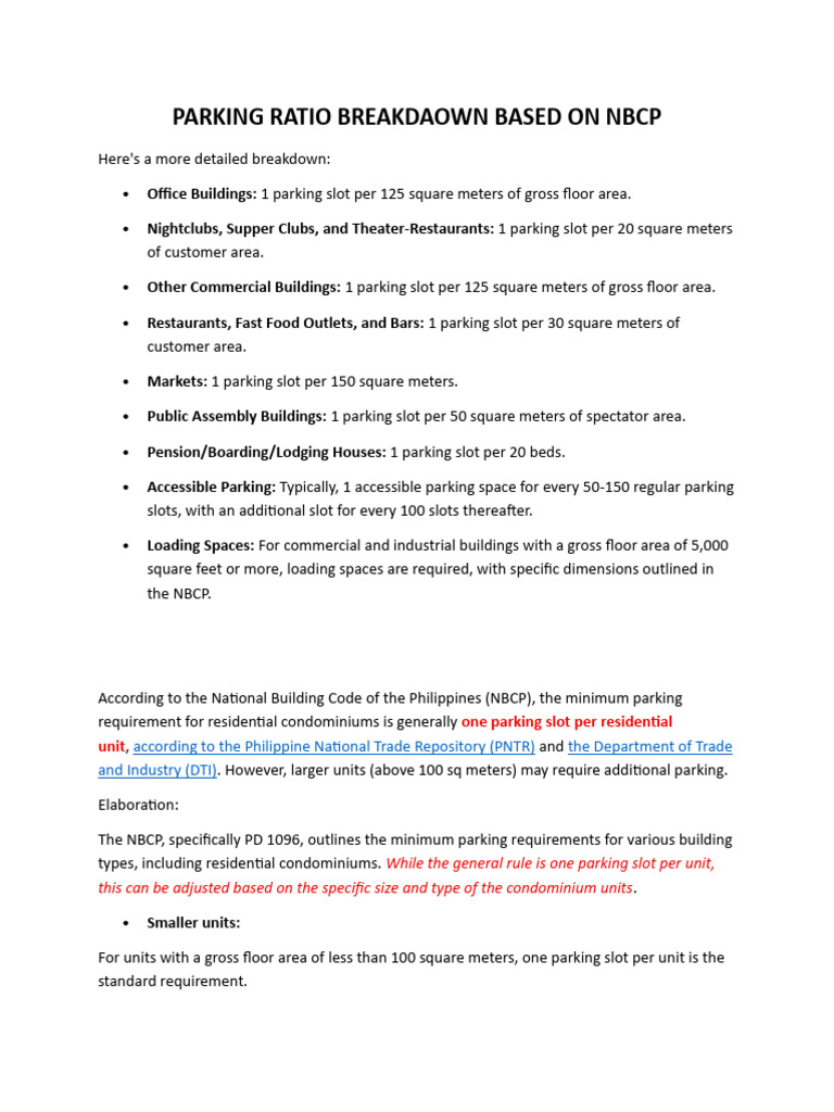 Parking Ratio Breakdaown Based On NBCP | PDF