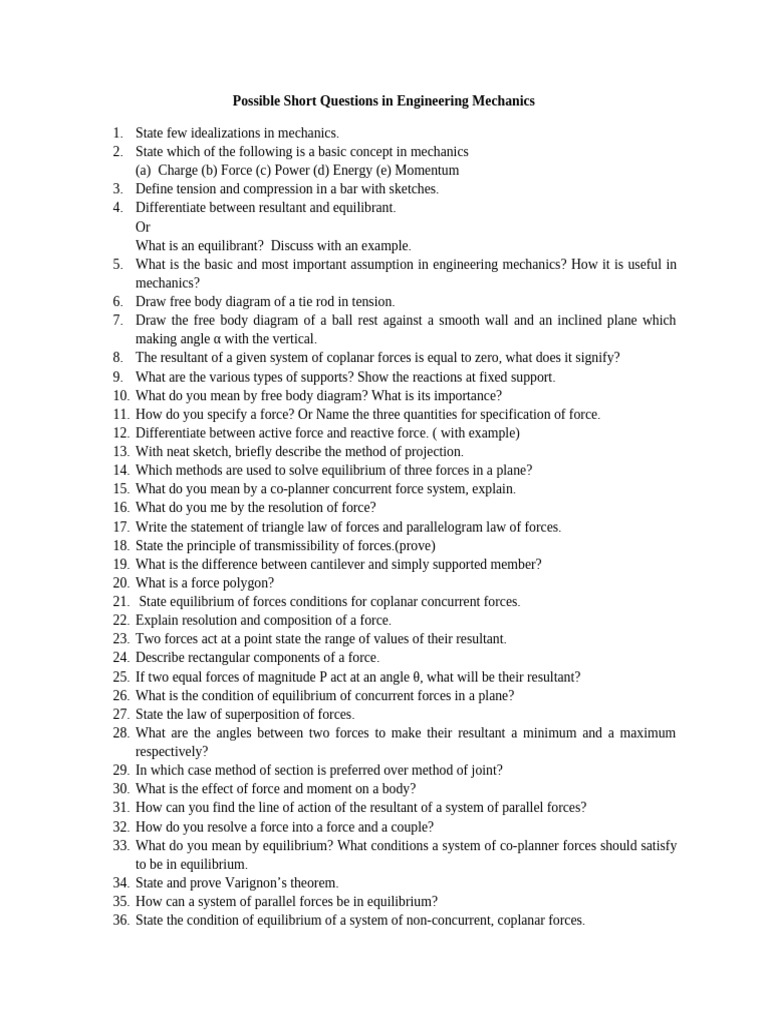 Engineering Mechanics Short Questions Guide | PDF | Force | Friction