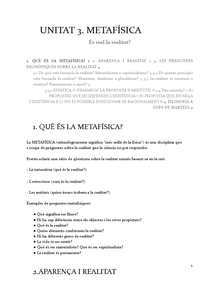 Apunts Unitat 3 - Metafísica | PDF