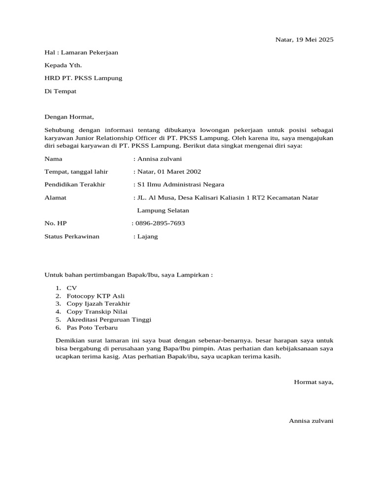 Surat Lamaran Annisa Zulfani | PDF