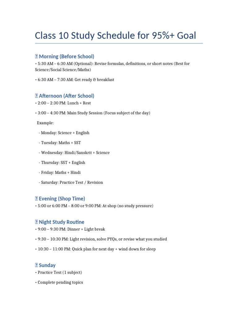 Updated Class 10 Study Schedule | PDF