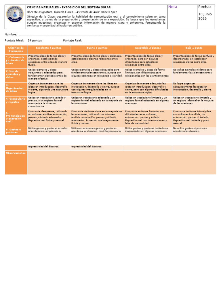 Clase 10-06 Rubrica Exposicion Sistema Solar | PDF