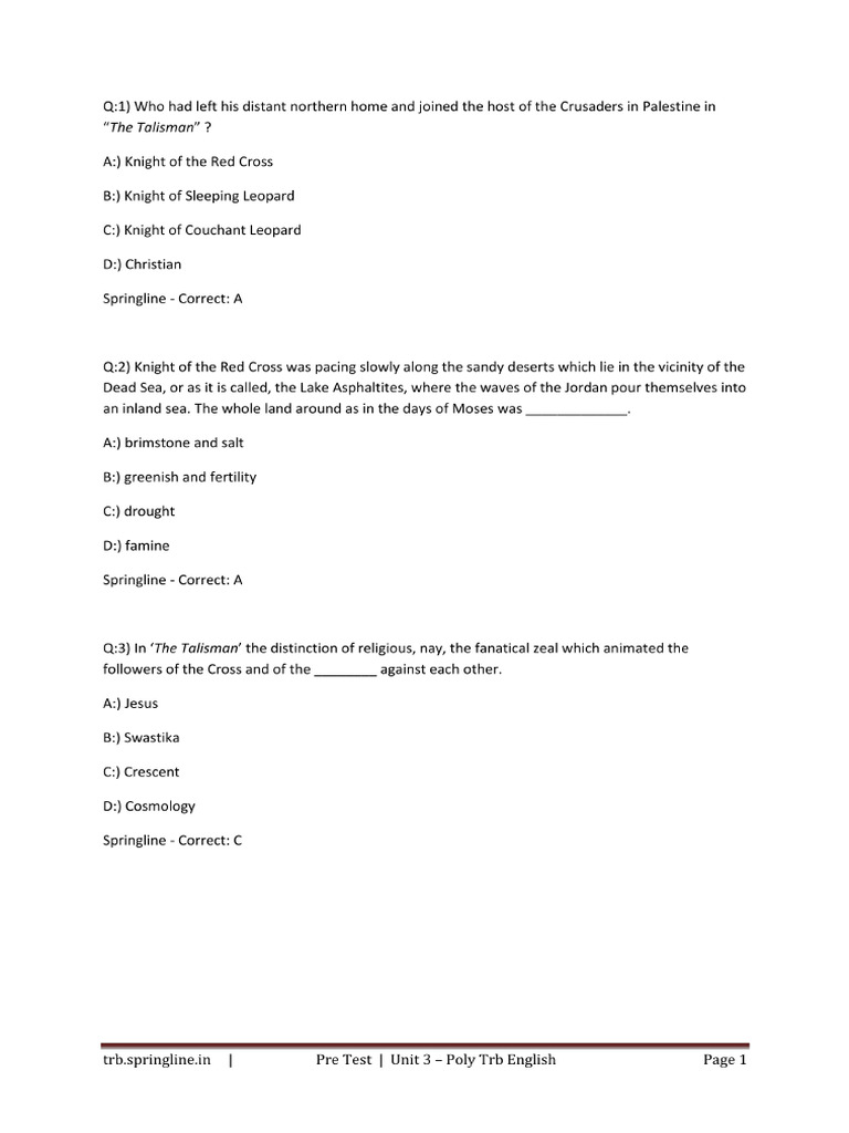 Pre Unit Test 3 - Poly TRB English - Springline | PDF