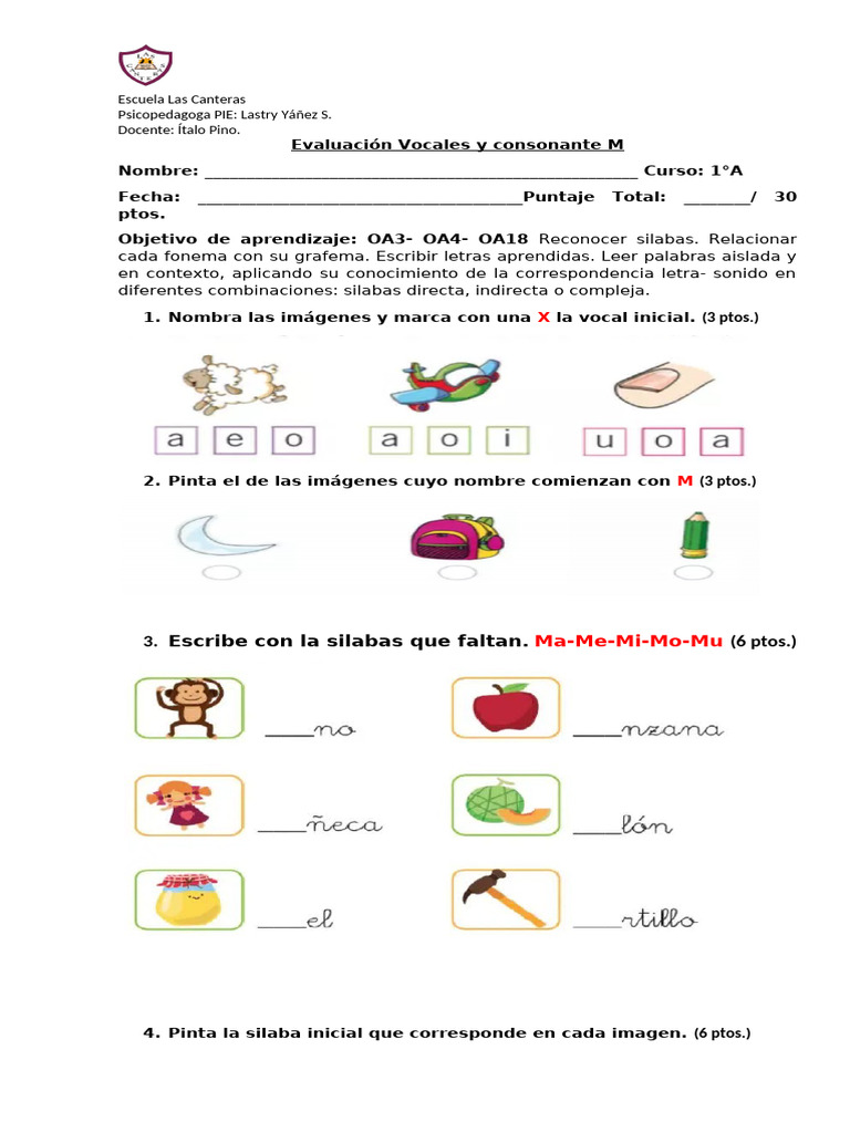 Evaluación Vocales y Consonante M | PDF