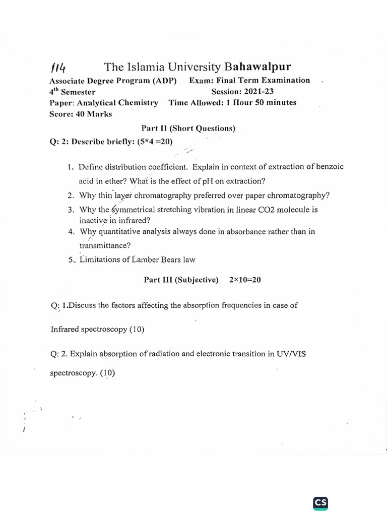 Chemistry PP ADP 4th Semester | PDF