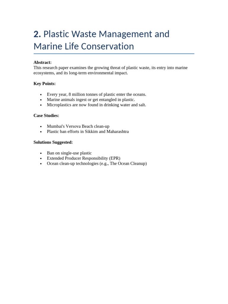 Plastic Waste Management and Marine Life Conservation | PDF