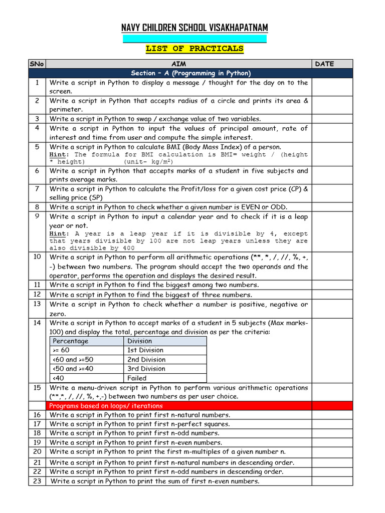 11 CS - List of Practicals (2024-25) (1) | PDF | Body Mass Index | Python (Programming Language)