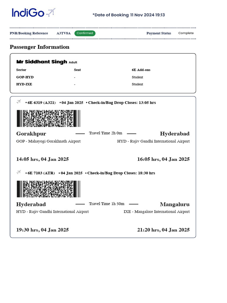 Flight Confirmation for 6E 7103 | PDF