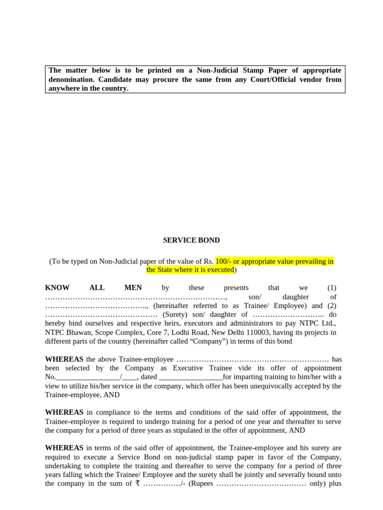 NTPC Service Bond Agreement Template | PDF | Surety | Common Law