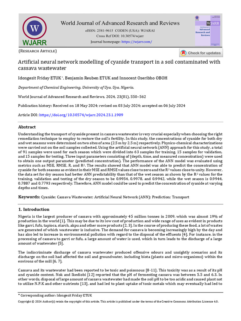 WJARR-2024-1909 Artificial Neural Network of Cassava Wastewater ...