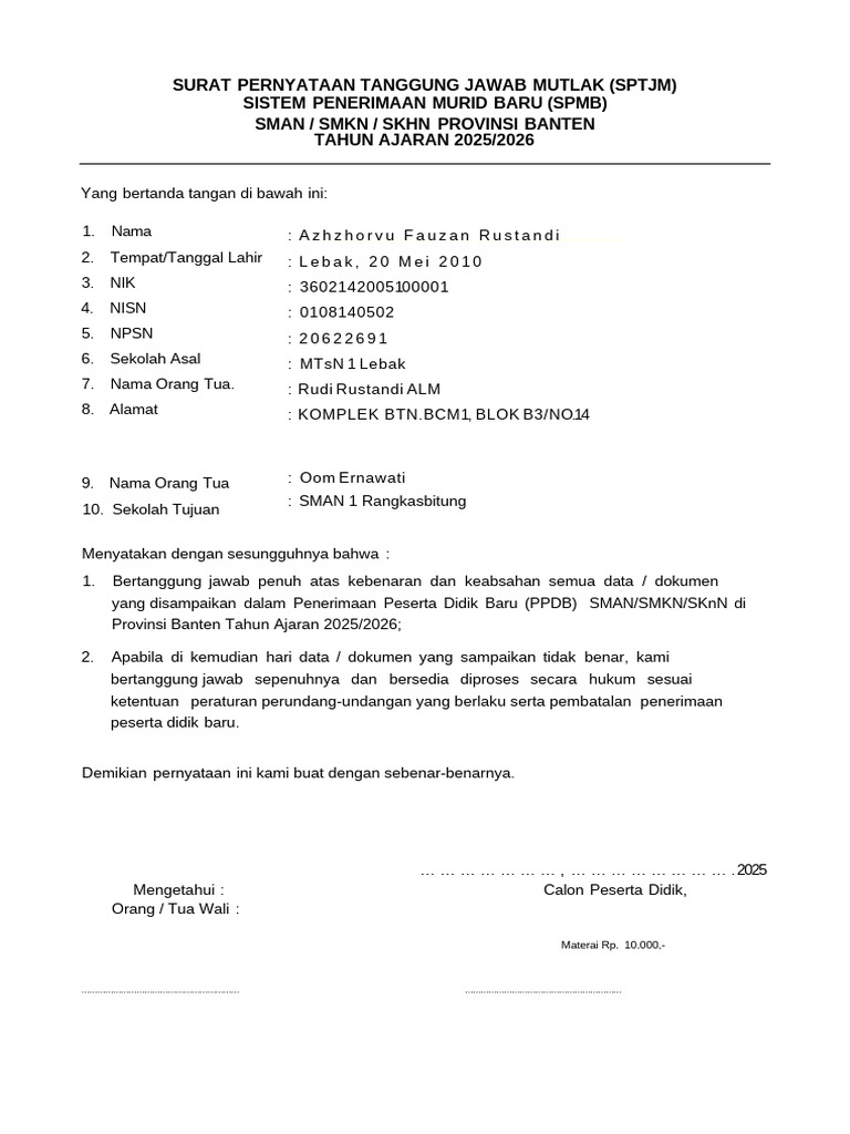 Surat Pernyataan Tanggung Jawab Mutlak 2025 | PDF