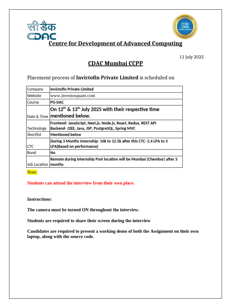 Campus Notice of Invictofin Private Limited on 12th & 13th July 2025 | PDF | Computer ...