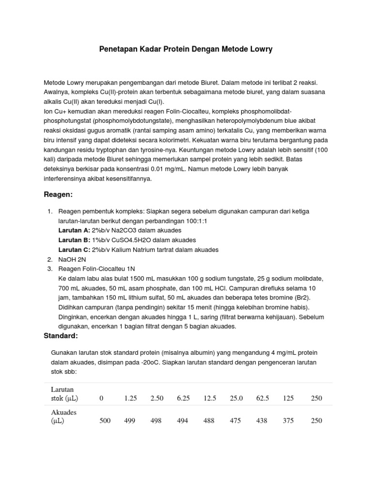 Penetapan Kadar Protein Dengan Metode Lowry | PDF
