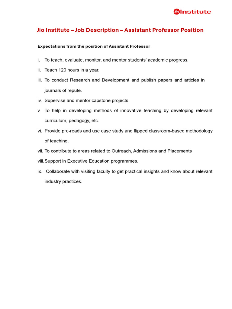 Jio Institute - Job Description - Assistant Professor Position | PDF
