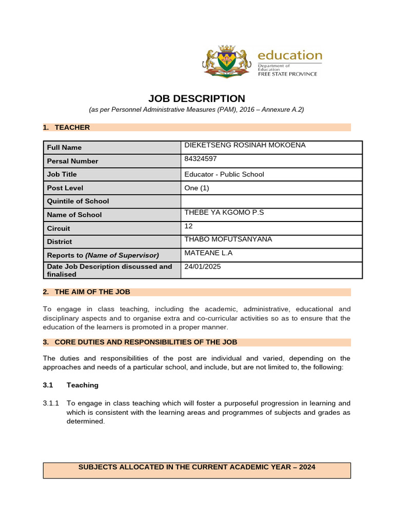 Teacher Job Description - PAM 2016 | PDF | Teachers | Learning