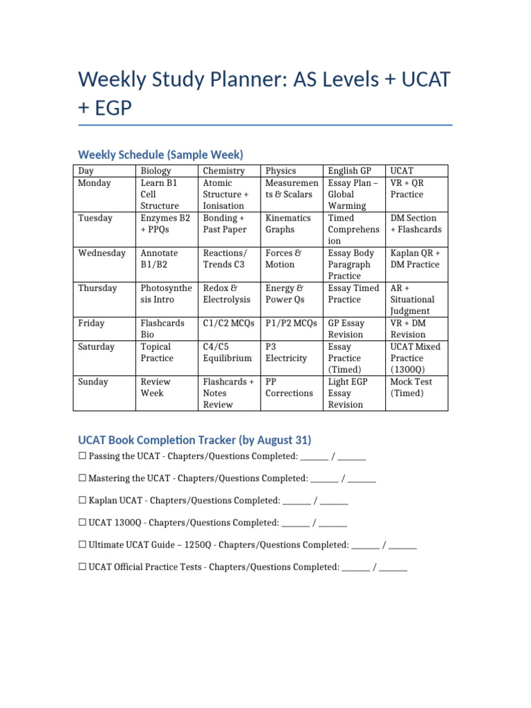 Weekly Study Planner As UCAT EGP | PDF