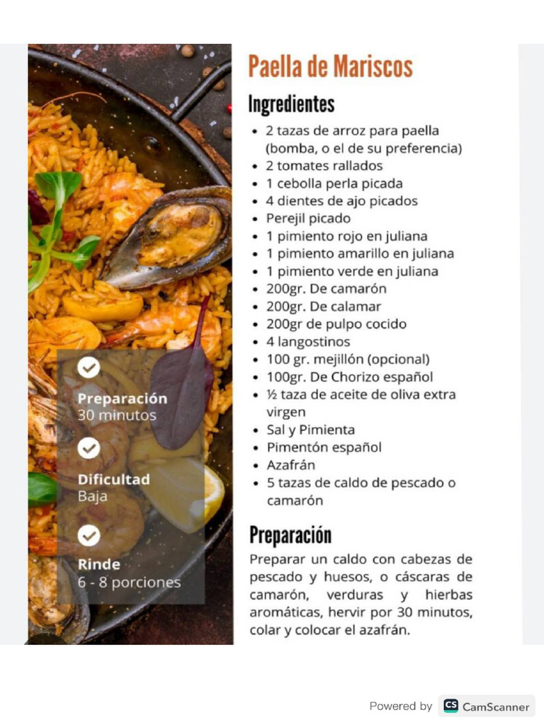 Receta Paella de Mariscos. | PDF
