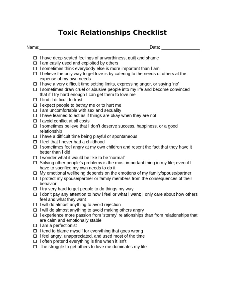 Toxic Relationships Self-Assessment Checklist | PDF