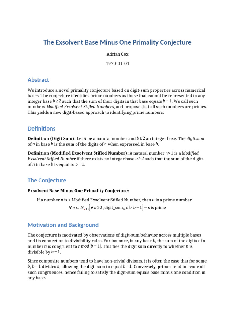 Exsolvent Base Minus One Conjecture | PDF | Prime Number | Numbers