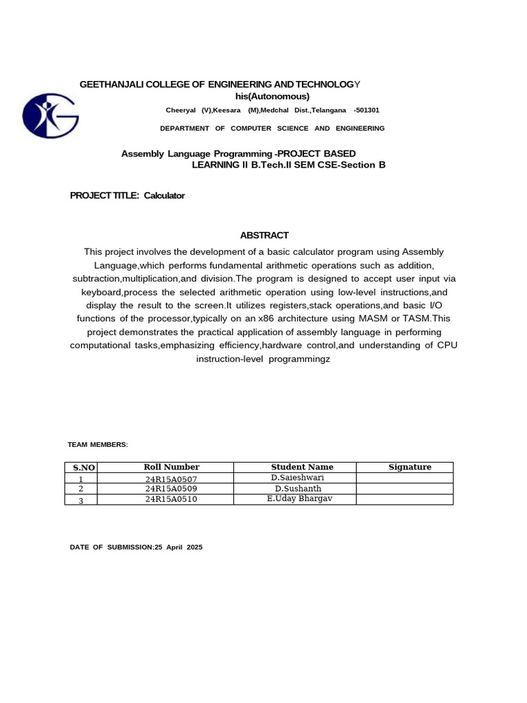 Geethanjali College of Engineering and Technolog His (Autonomous) | PDF