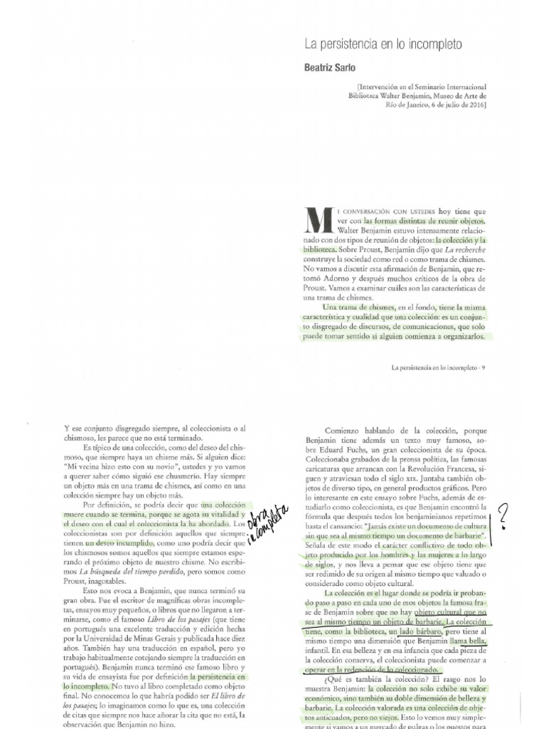 Sarlo. Introd El Coleccionismo, Benjamin | PDF