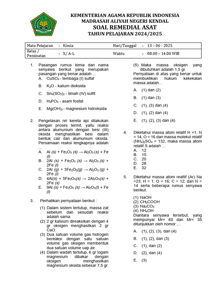 Soal Remedial Kimia | PDF