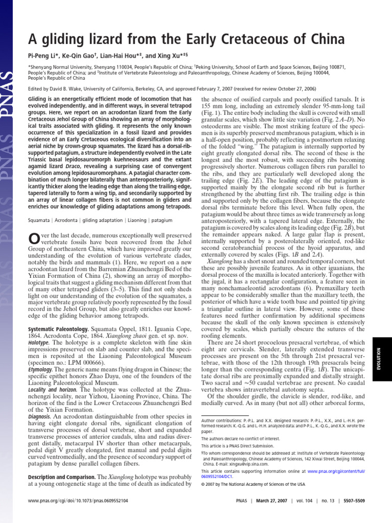 A Gliding Lizard From The Early Cretaceous of China Li 2007 | PDF ...