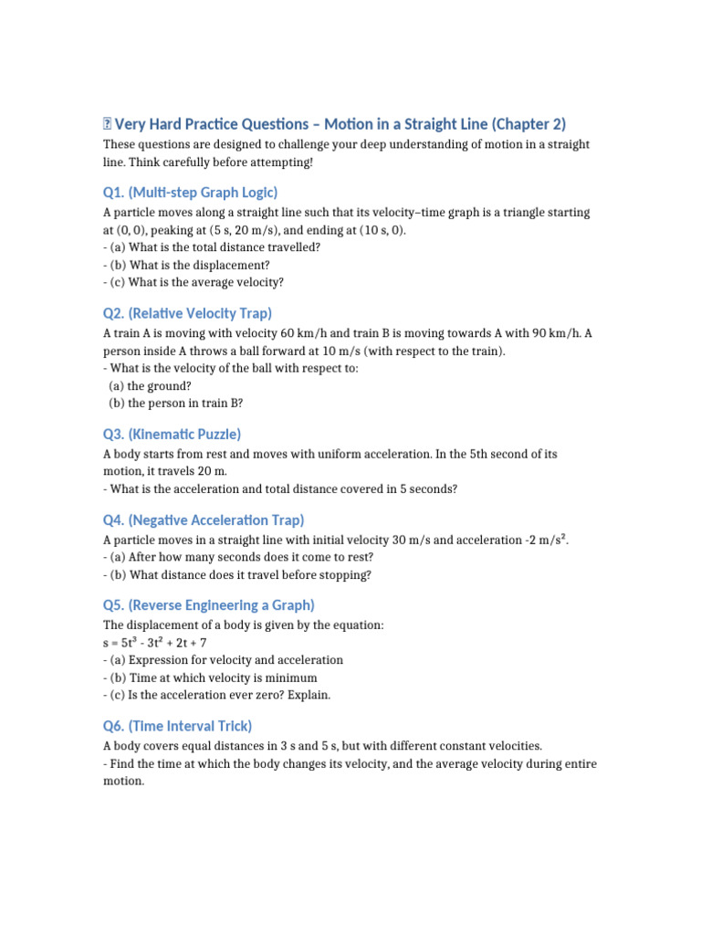 Hard Motion in Straight Line Questions | PDF