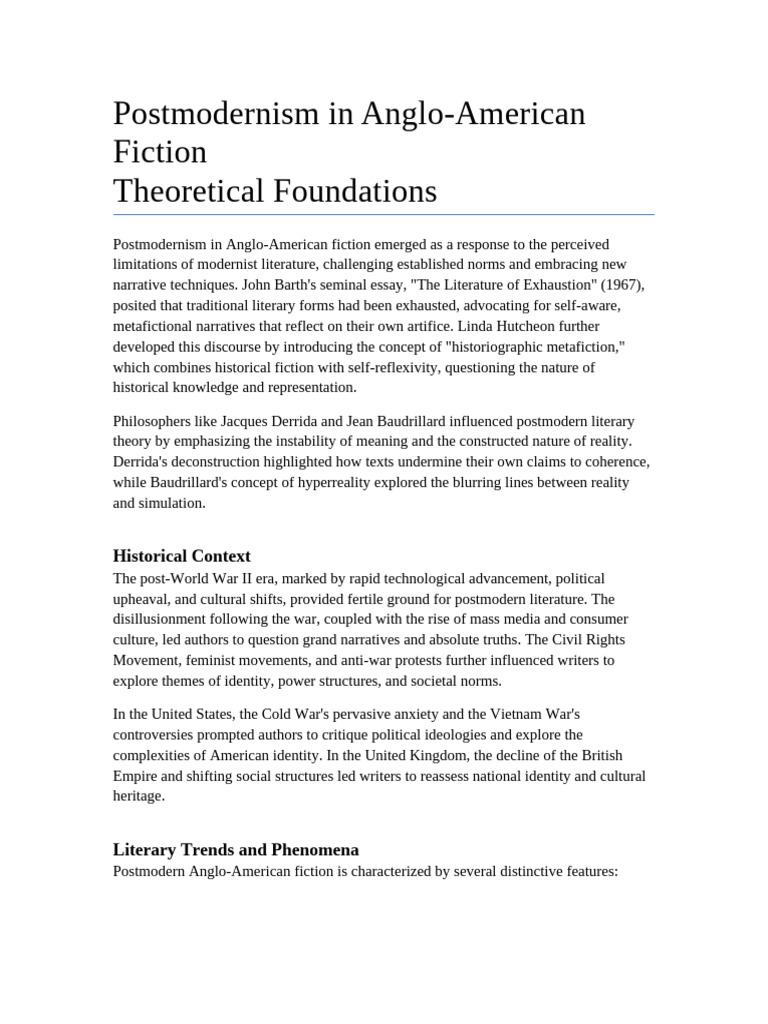 Postmodernism Anglo American Fiction | PDF | Postmodern Literature ...