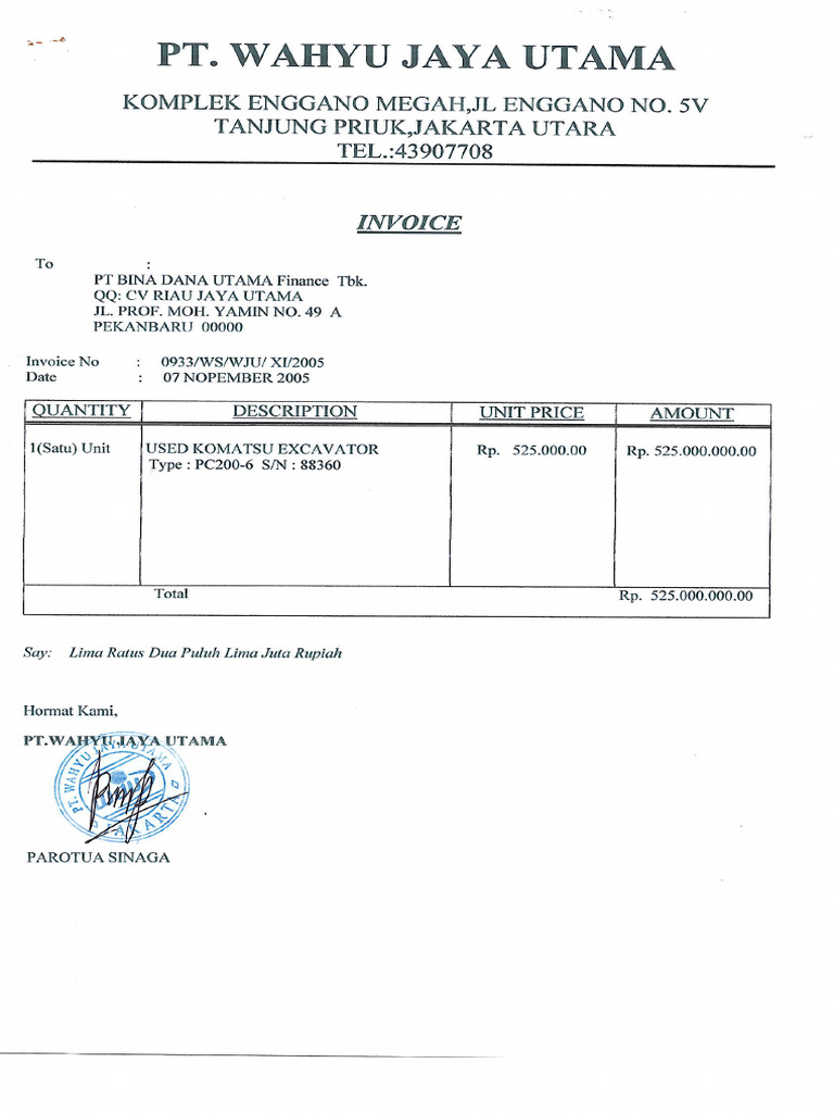 Dok Awal Invoice Exca - PT - Wahyu Jaya Utama | PDF