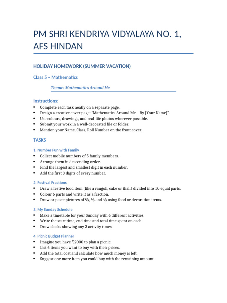 Class 5 Maths Holiday Homework Guide | PDF