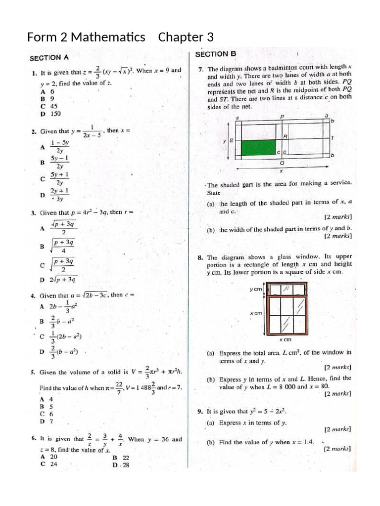 Form 2 Mathematics Chapter 3 | PDF