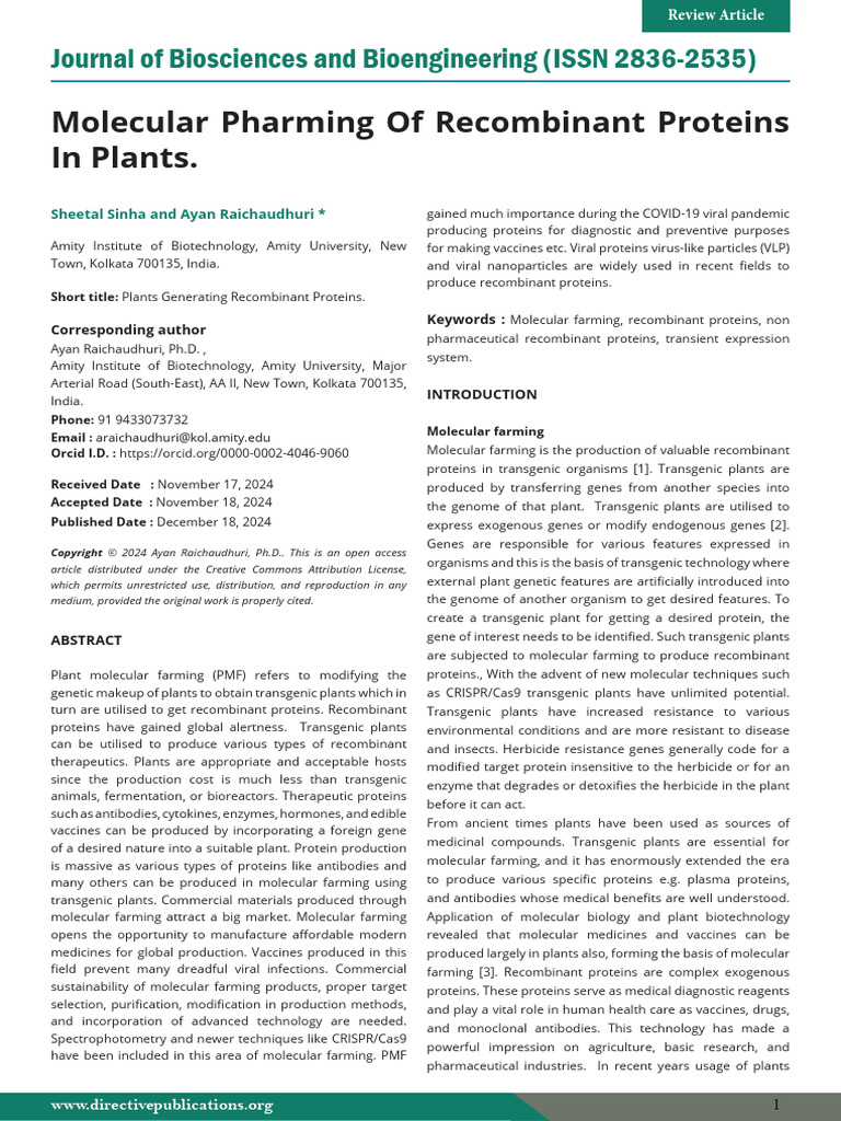Molecular Farming of Recombinant Proteins | PDF | Genetically Modified ...