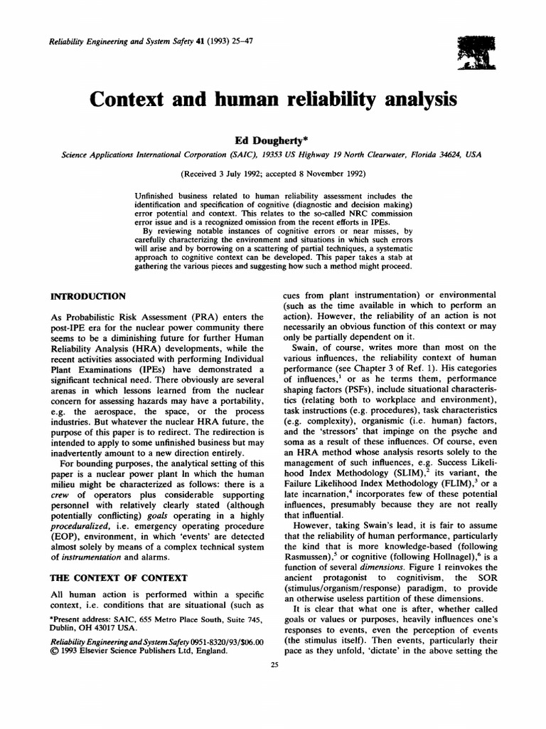 Context and Human Reliability Analysis - Ed Dougherty | PDF | Reliability Engineering