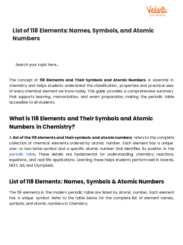 List of 118 Elements - Names, Symbols, and Atomic Numbers | PDF