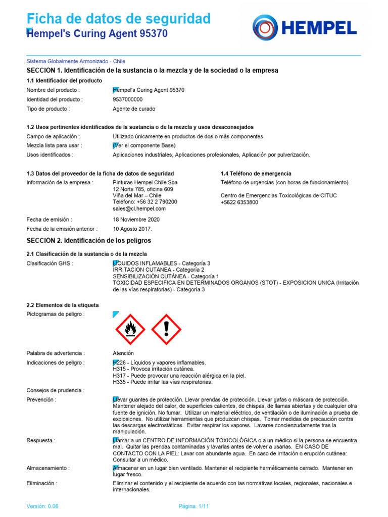 Ficha de Seguridad Hempel 95370 | PDF | Residuos | Seguridad y salud ...