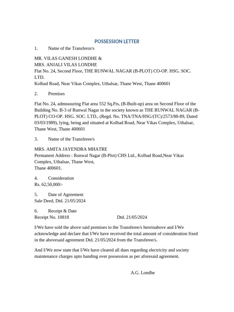Possession Letter Format | PDF