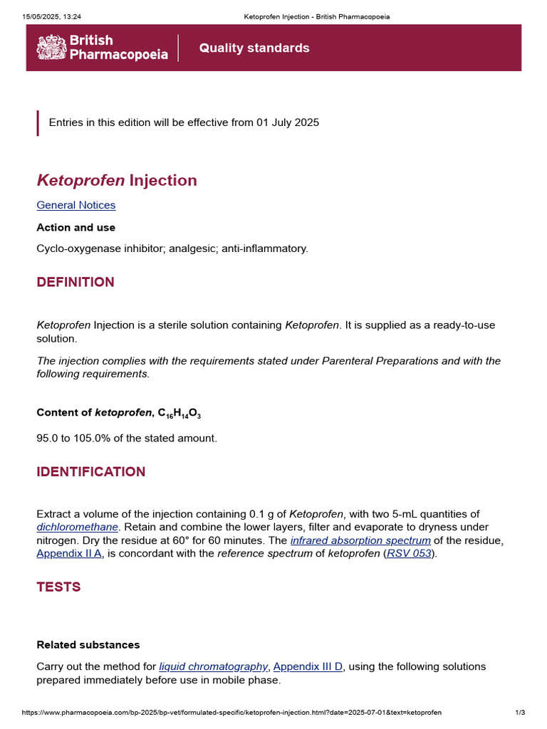 Ketoprofen Injection - British Pharmacopoeia | PDF | Chromatography | Chemistry