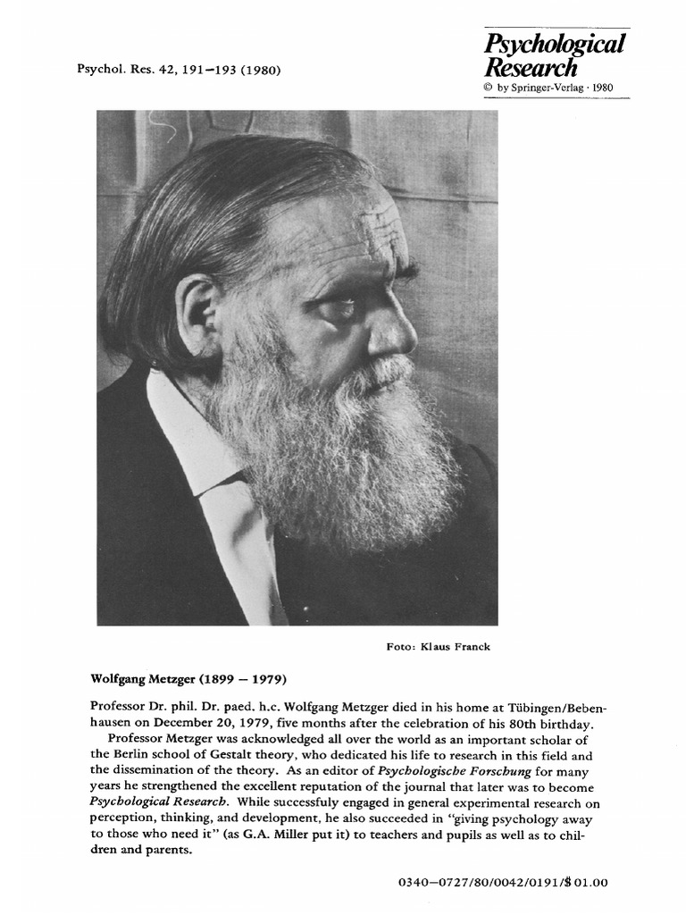 Wolfgang Metzger (1899-1979) - Stadler 1980 | PDF | Psychology ...