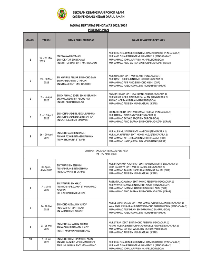 Jadual Bertugas Pengawas (Perhimpunan) 2023 - 2024 | PDF