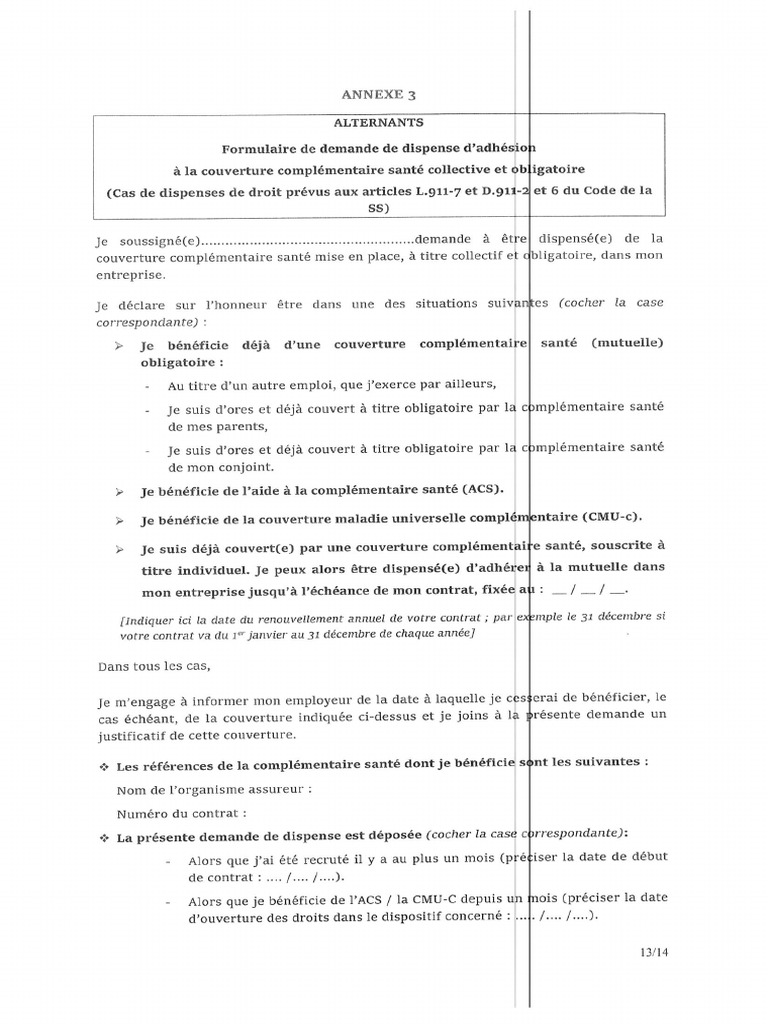 Dispense D'adhésion À La Mutuelle Entreprise | PDF