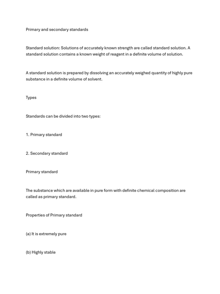 Primary and Secondary Standard Solutions | PDF | Titration | Chemistry