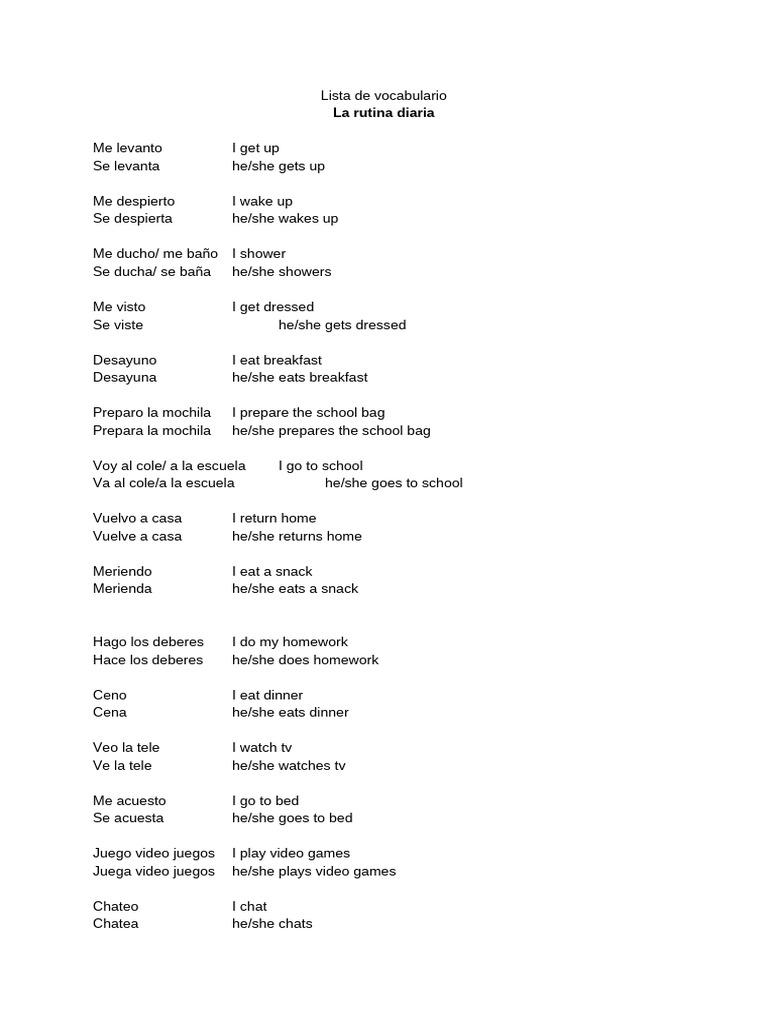 Lista de Vocabulario La Rutina Diaria | PDF